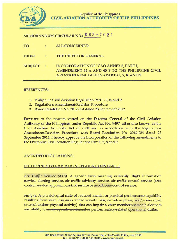 MC 08-2022 Incorporation of ICAO Annex 6 Part I Amendment 40A and 40B ...