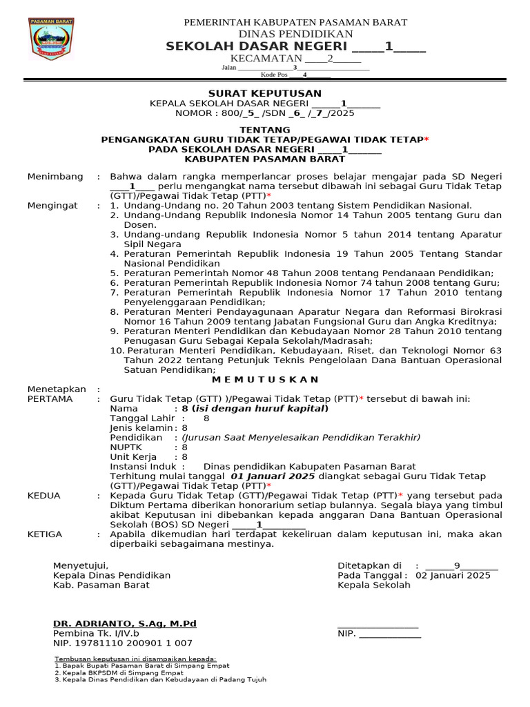 Format SK GTT PTT Jenjang TK SD SMP Tahun 2025 | PDF
