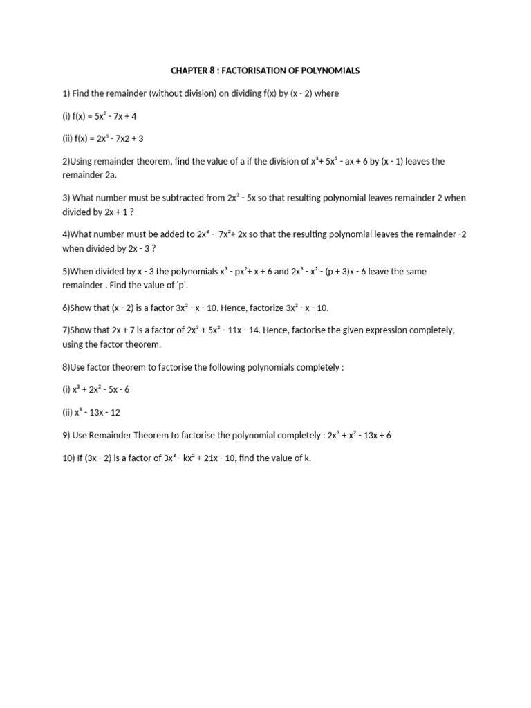 X Worksheet Factorisation of Polynomials | PDF