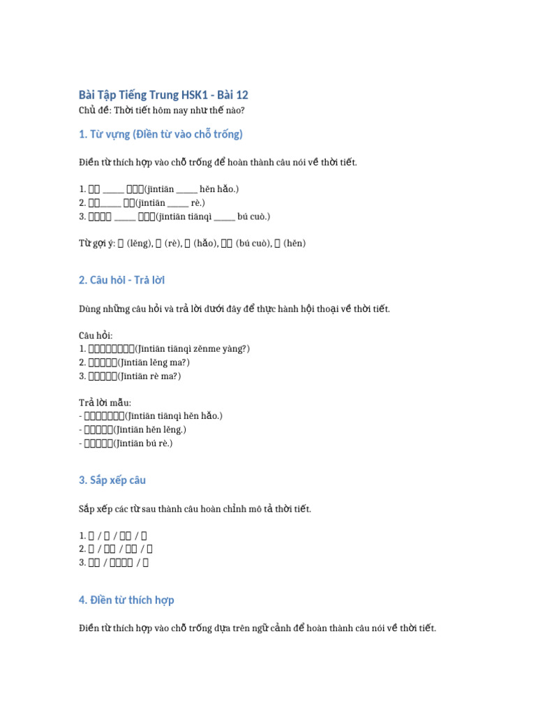 Bai Tap HSK1 Bai12 | PDF