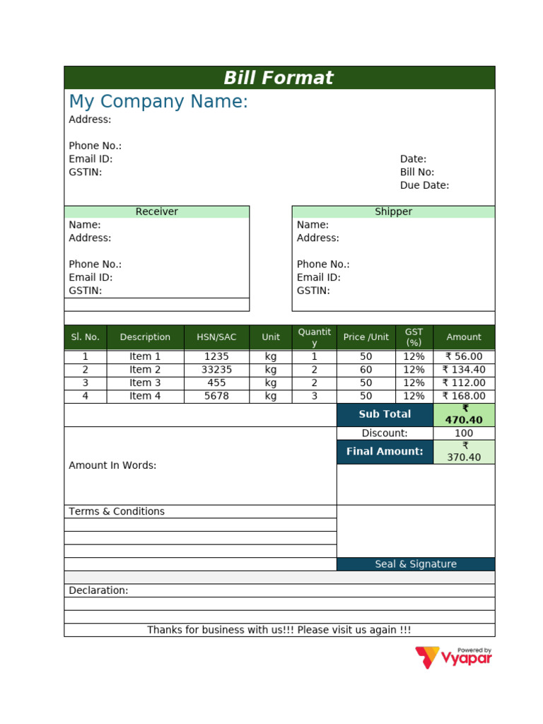 Stationery Bill Format Template | PDF