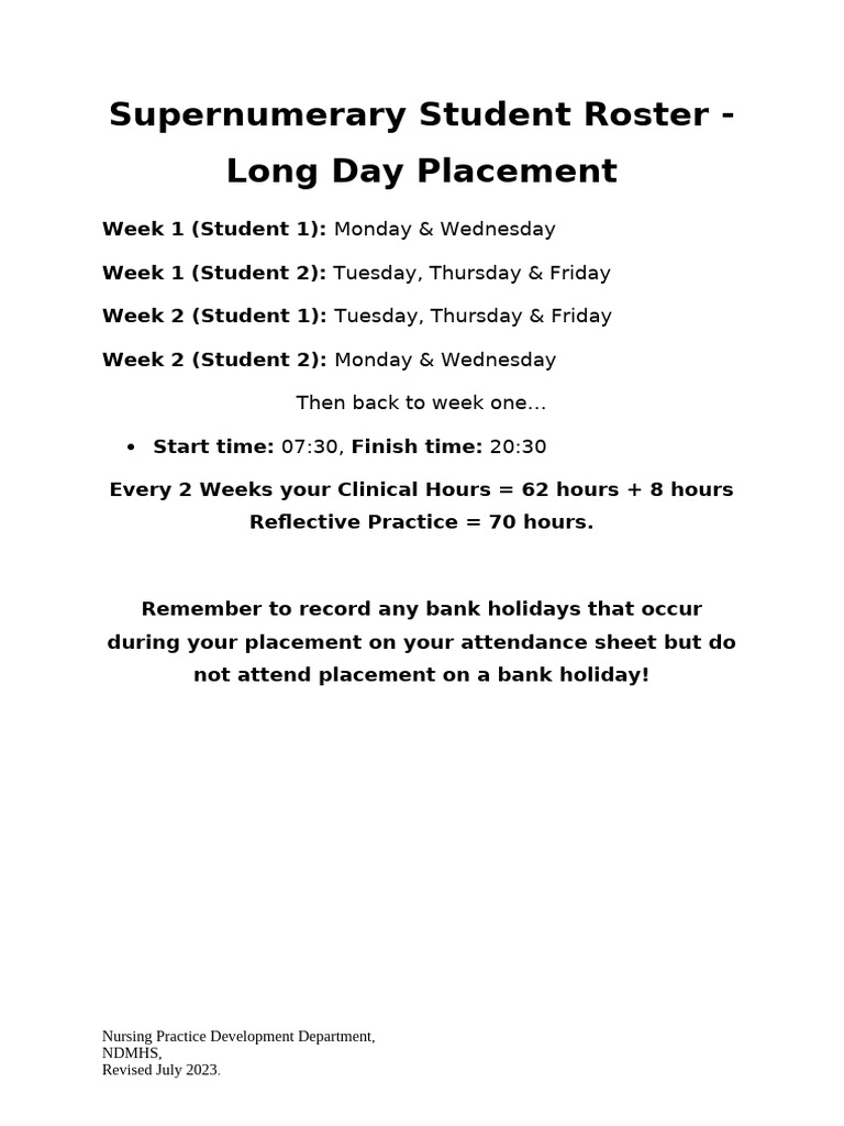 Supernumerary Student Roster Long Day | PDF