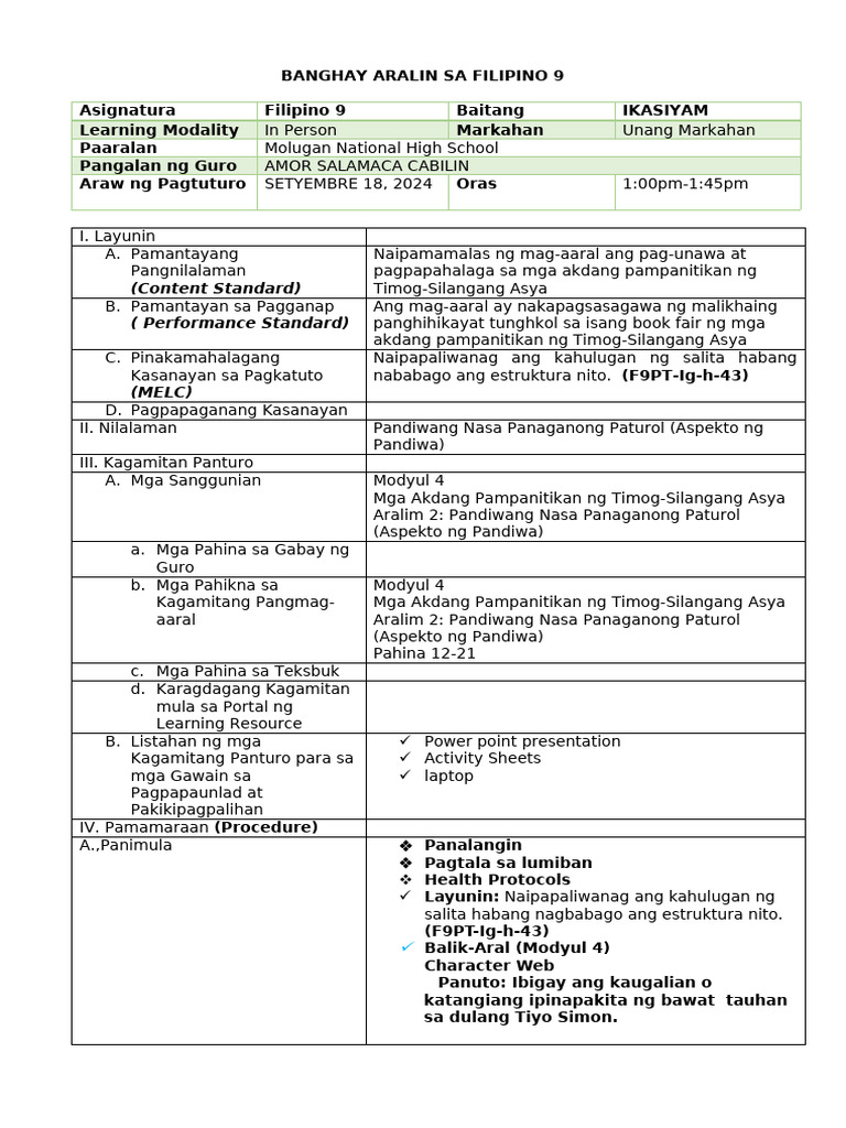 Pandiwang Nasa Panaganong Paturol-Lesson Plan | PDF