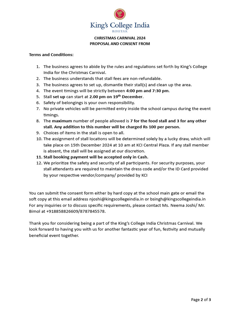 Carnival Proposal and Consent 2024 - Parents | PDF