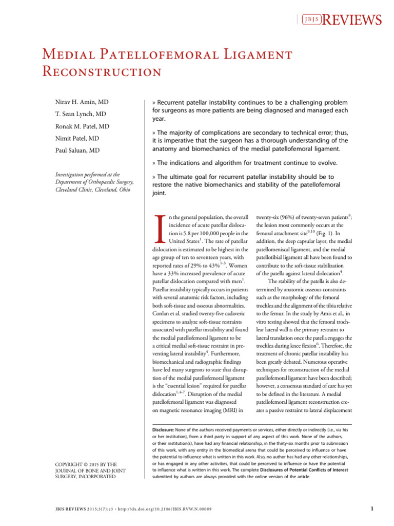 Medial Patellofemoral Ligament Reconstruction | PDF | Knee | Limbs ...