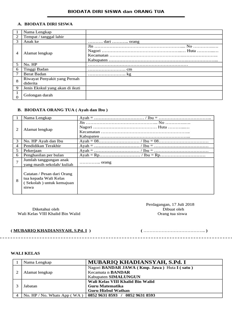 Biodata Siswa dan Orang Tua Lengkap | PDF