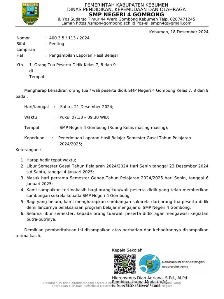 Pengambilan Rapot SM 1 2024-2025 | PDF