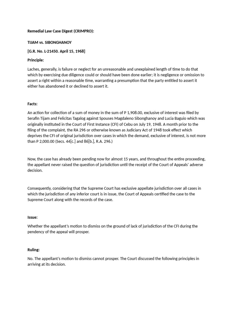 Remedial Law Case Digest | PDF | Estoppel | Laches (Equity)