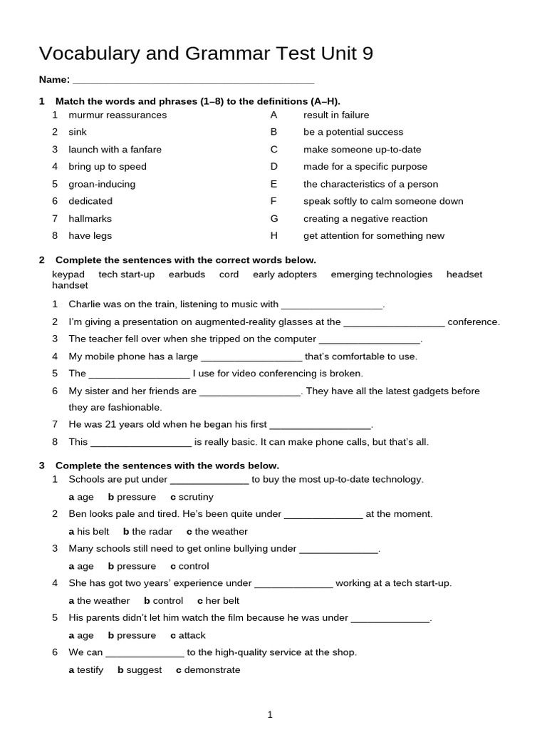 Vocabulary _ Grammar Test Unit 9 Test A | PDF