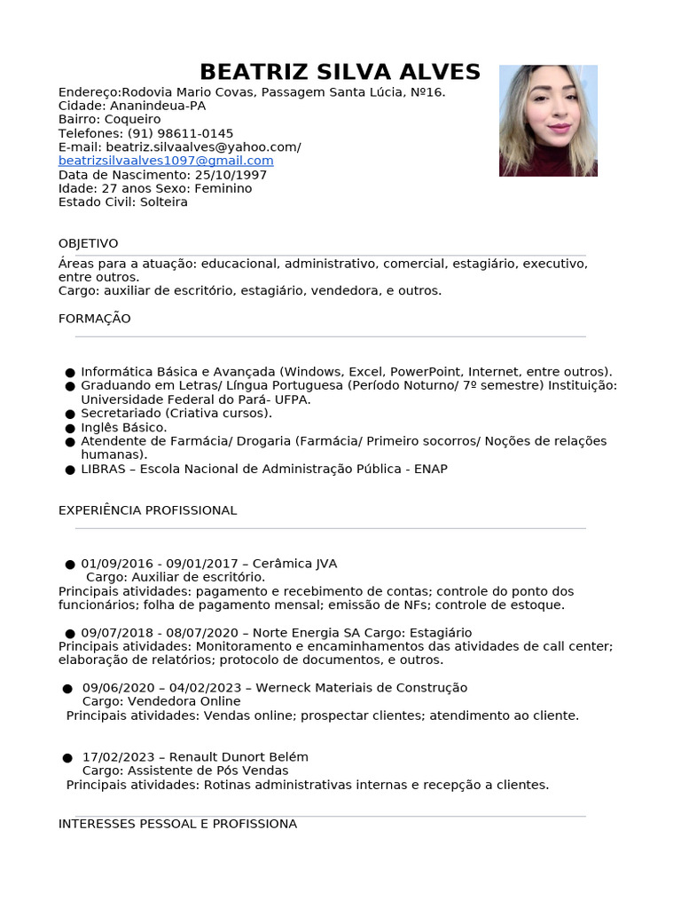 Currículo de Beatriz Silva Alves | PDF