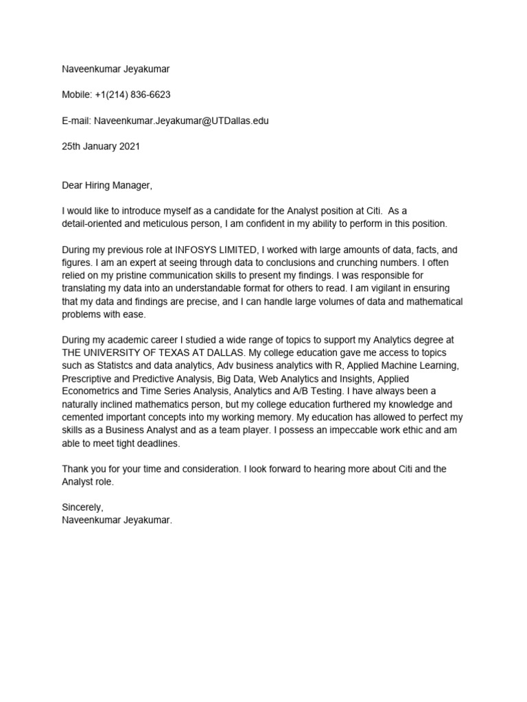 Cover Letter Citi | PDF