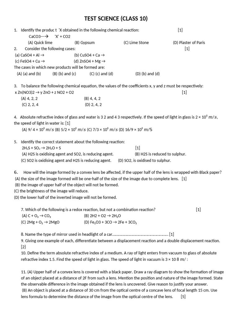Class 10 Test on Chemical Reactions | PDF | Electrodynamics | Atomic
