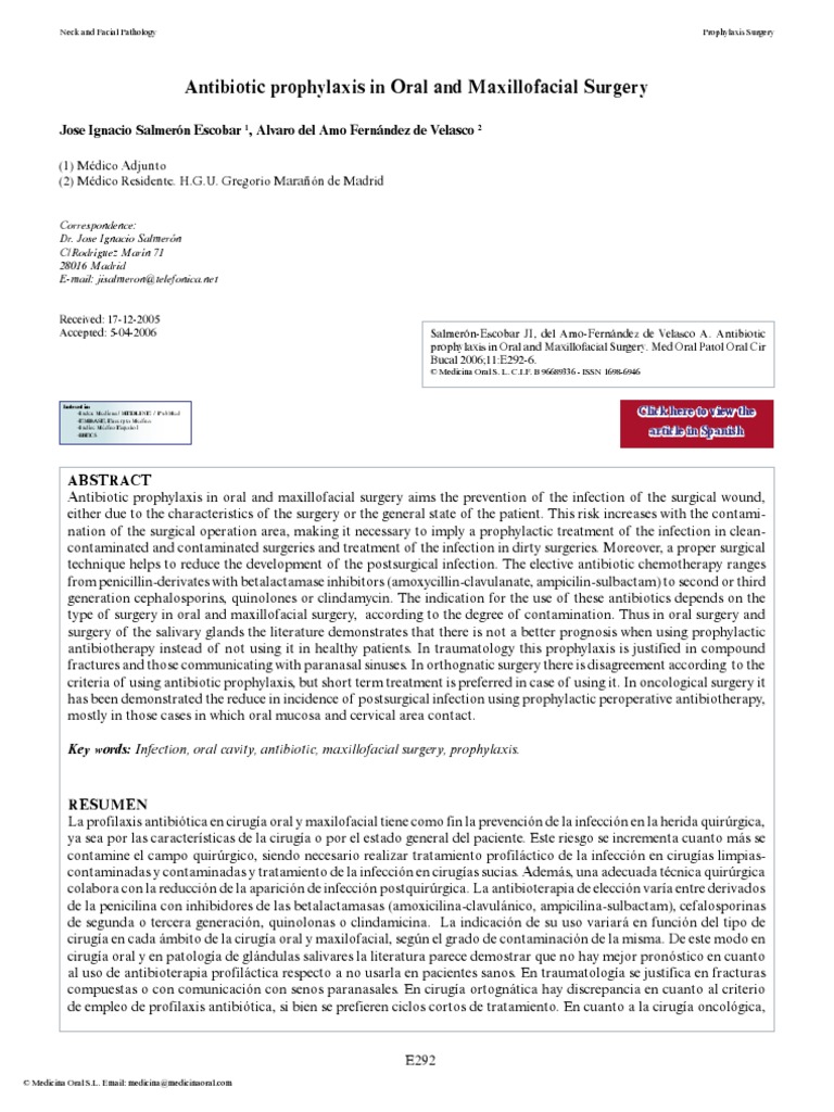Antibiotic Prophylaxis in Oral and Maxillofacial Surgery | PDF