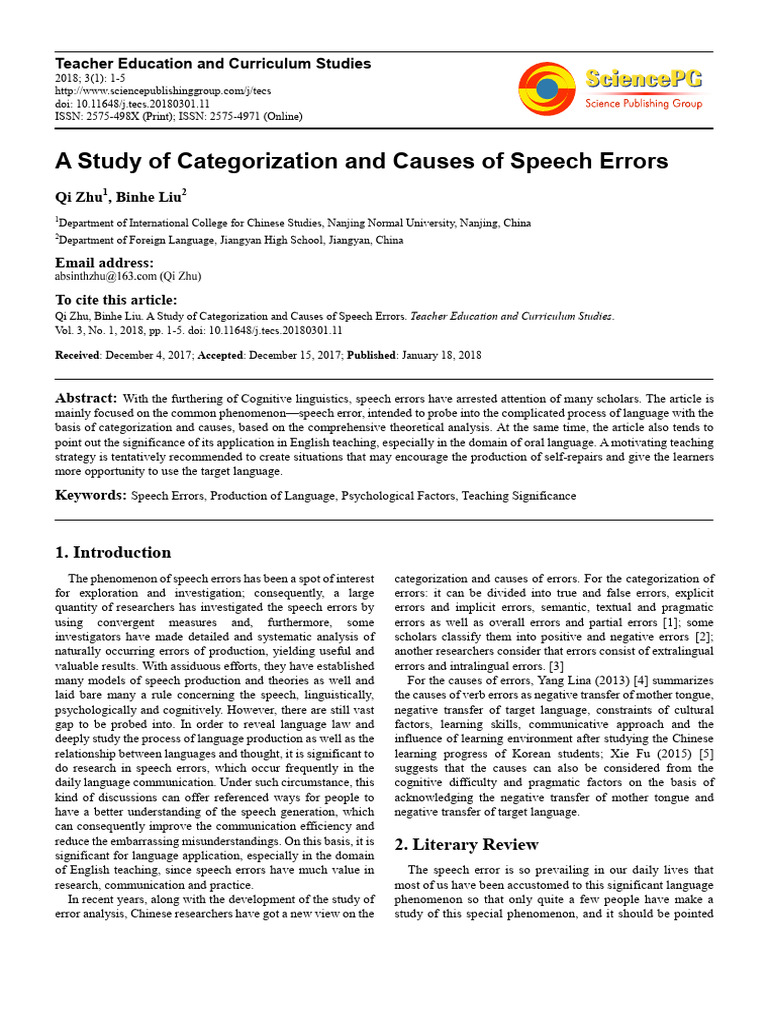 A Study of Categorization and Causes of Speech Errors | PDF | Speech | Fluency