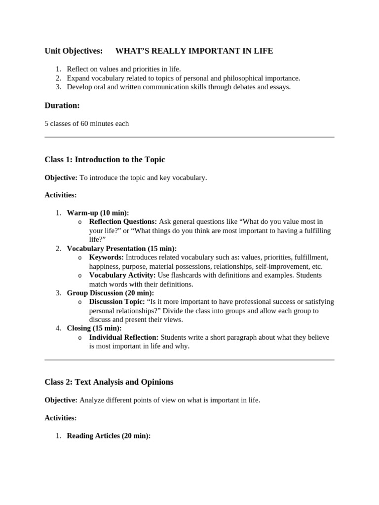 Unit Objectives WHAT'S REALLY IMPORTANT IN LIFE 2 GRADE | PDF ...