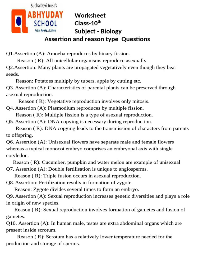 Class 10th Bio Worksheet Assertion & Reason Questions | PDF | Reproduction | Fertilisation