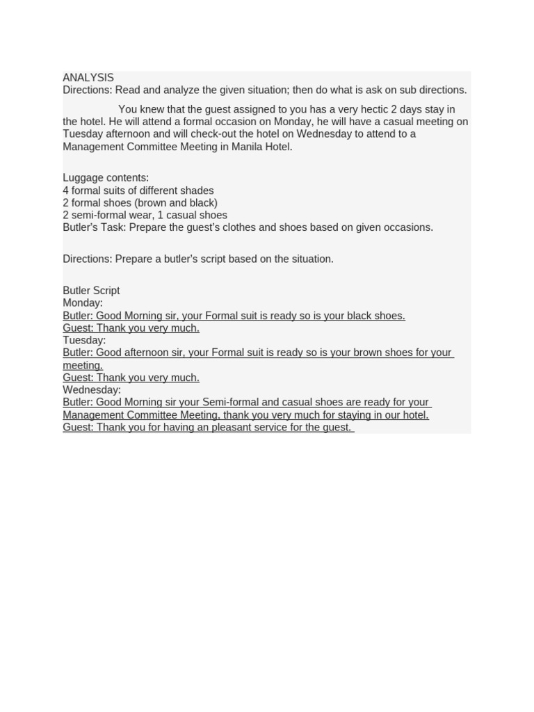 Butler Script for Hotel Guest's Stay | PDF