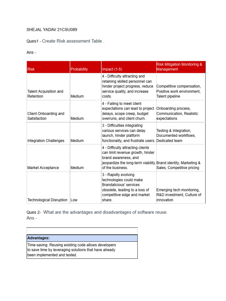 Risk Mitigation Table | PDF | Risk | Software