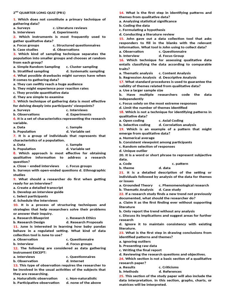 2nd Quarter Long Quiz | PDF | Qualitative Research | Survey Methodology