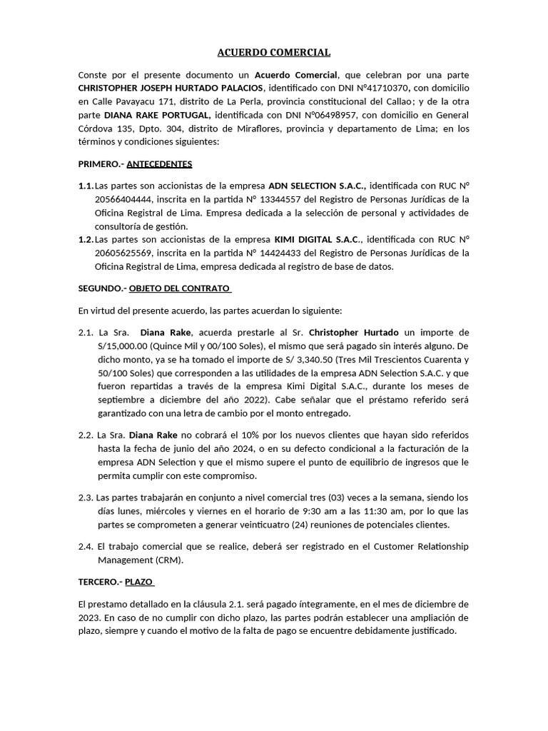 Acuerdo Comercial - Christopher Hurtado - Diana Rake | PDF | Jurisdicción
