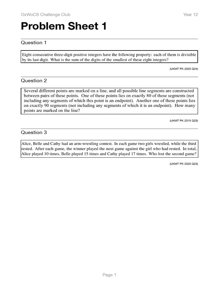 Challenge Club - Problem Sheet 1 | PDF