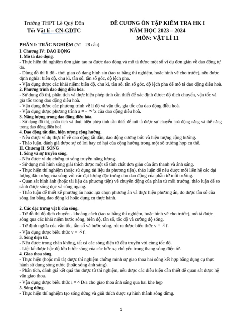 ĐỀ CƯƠNG ÔN TẬP HKI LÍ 11 HS 24 25 | PDF