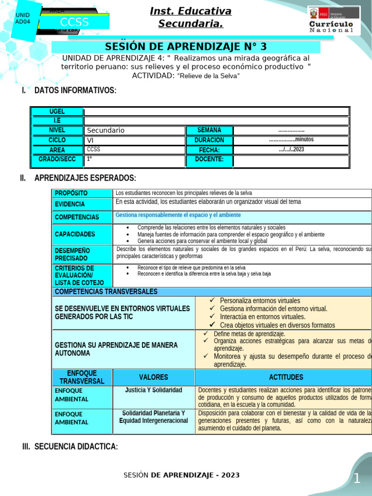 Sesion CCSS 1° Sec-Semana 03 | PDF | Aprendizaje | Evaluación