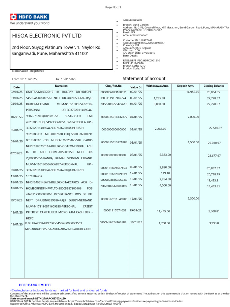 HDFC Bank Account Statement Jan 2025 | PDF | Banks | Financial Technology