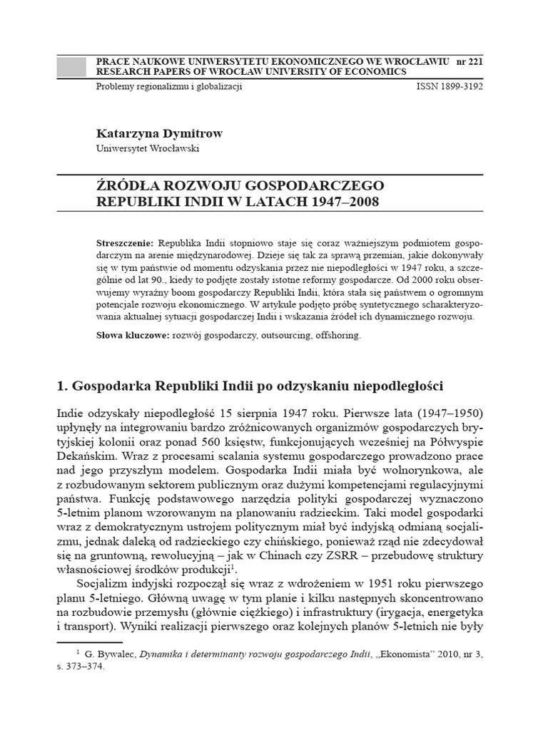 Dymitrow Zrodla Rozwoju Gospodarczego Republiki Indii | PDF