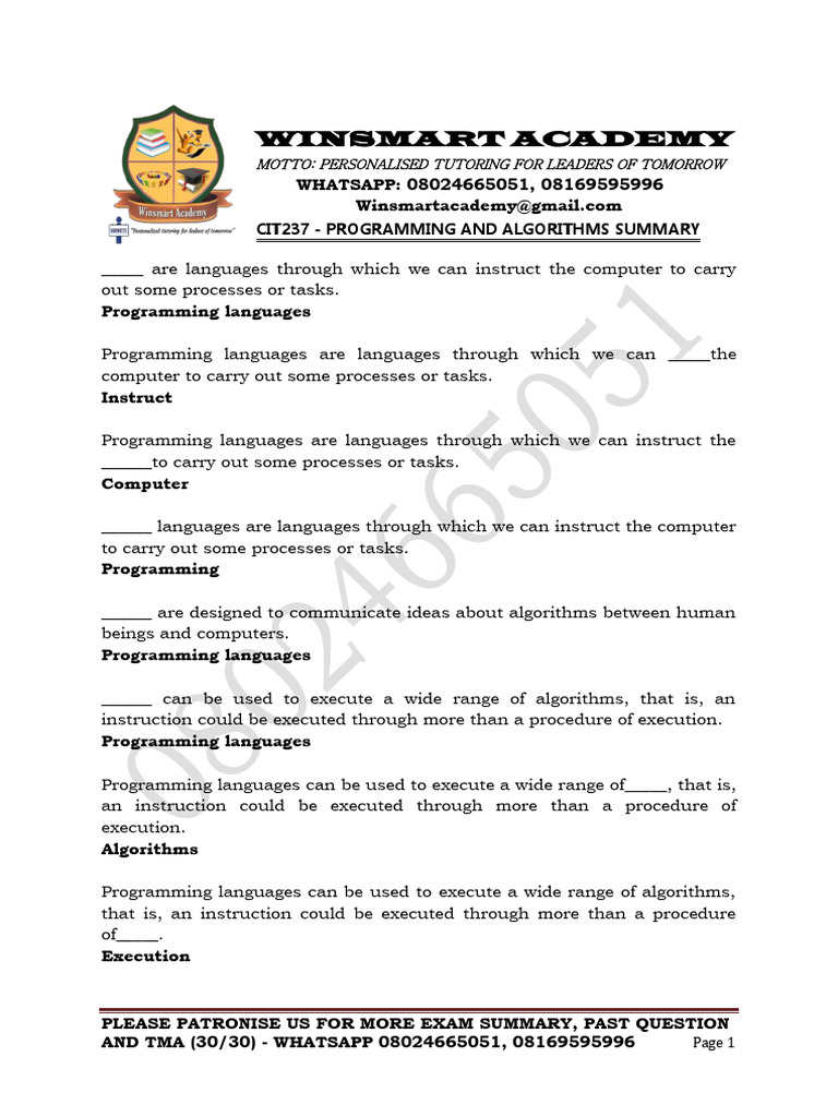 Cit237 Programming And Algorithms Summary Pdf Computer Program