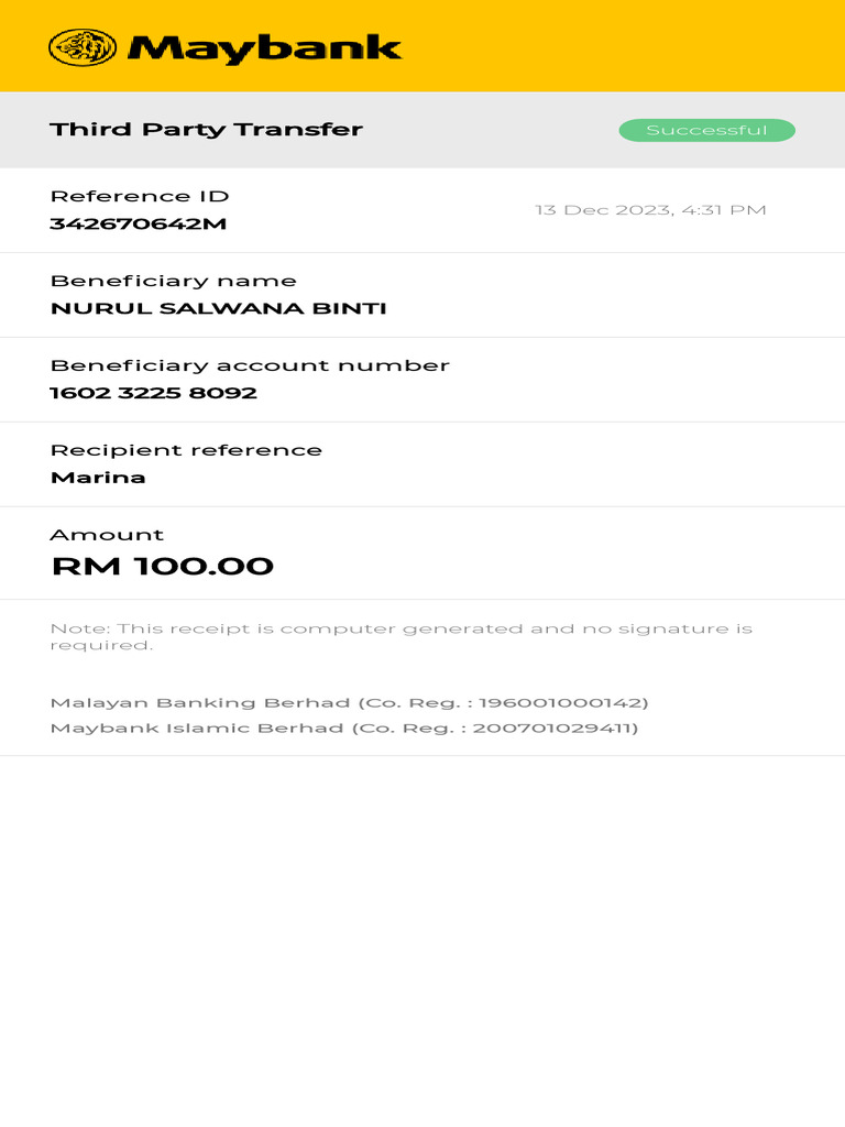 Successful Maybank Transfer Receipt | PDF