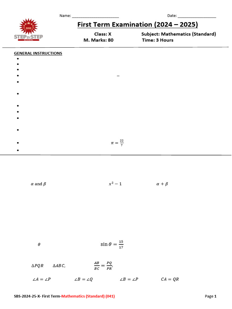Final First TERM-2024-25 X Standard Mathematics (041) | PDF | Mathematics | Algebra