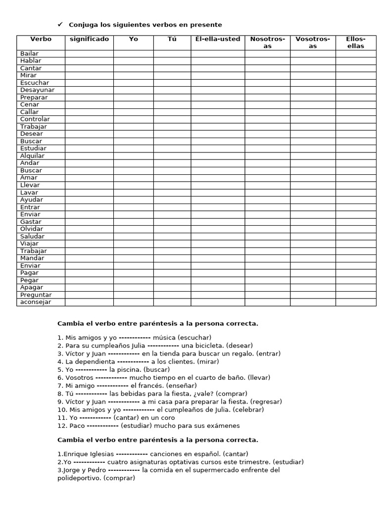 Conjuga los siguientes verbos en presente 35 | PDF