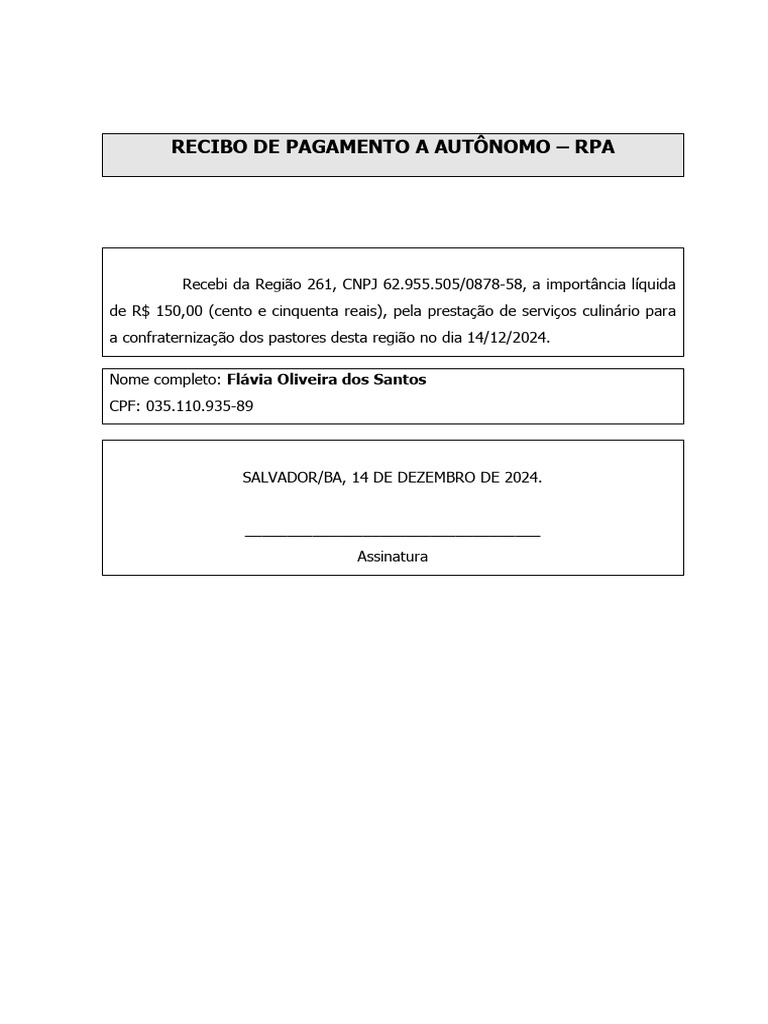 Recibo Pagamento Autônomo Rpa Flávia Oliveira PDF | PDF