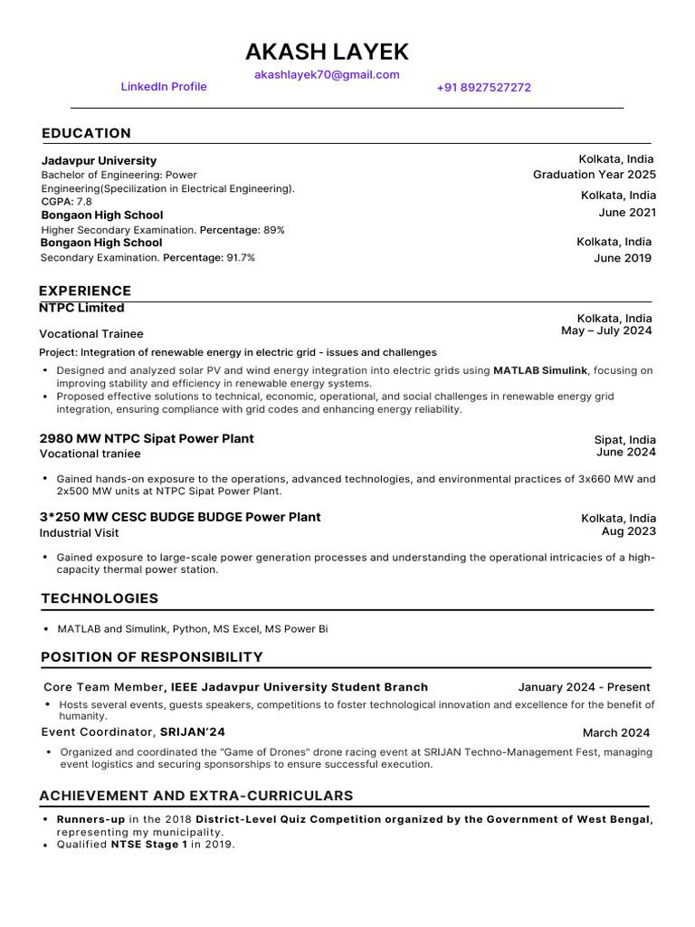 CV Akash Layek PDF | PDF | Power Station | Renewable Energy