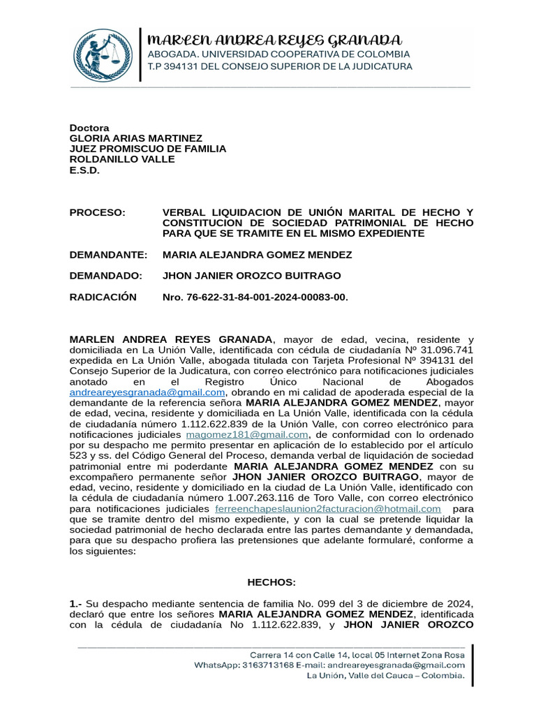 Demanda de Liquidacion Sociedad Patrimonial Maria Alejandra Gomez Mendez | PDF | Documento de ...