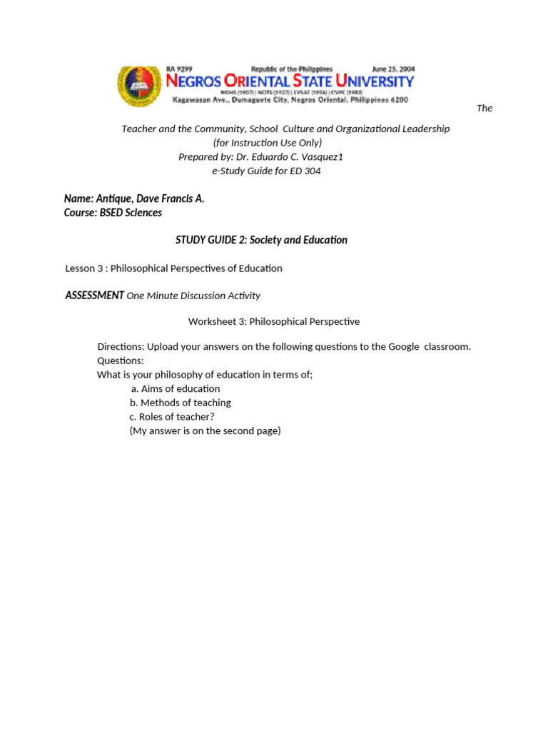 ANTIQUE, DAVE FRANCIS A. - worksheet 3 philo perspect- answer | PDF