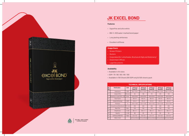 JK Excel Bond Paper Specifications | PDF | Office Work | Office Equipment