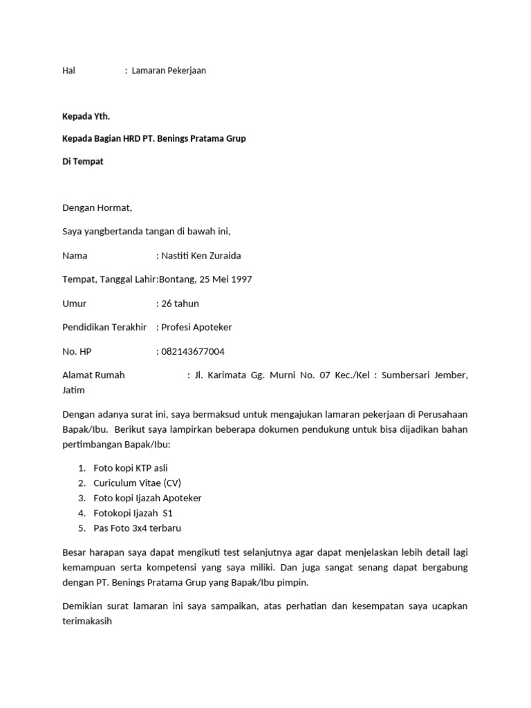 Lamaran Pekerjaan Nastiti Ken Zuraida | PDF