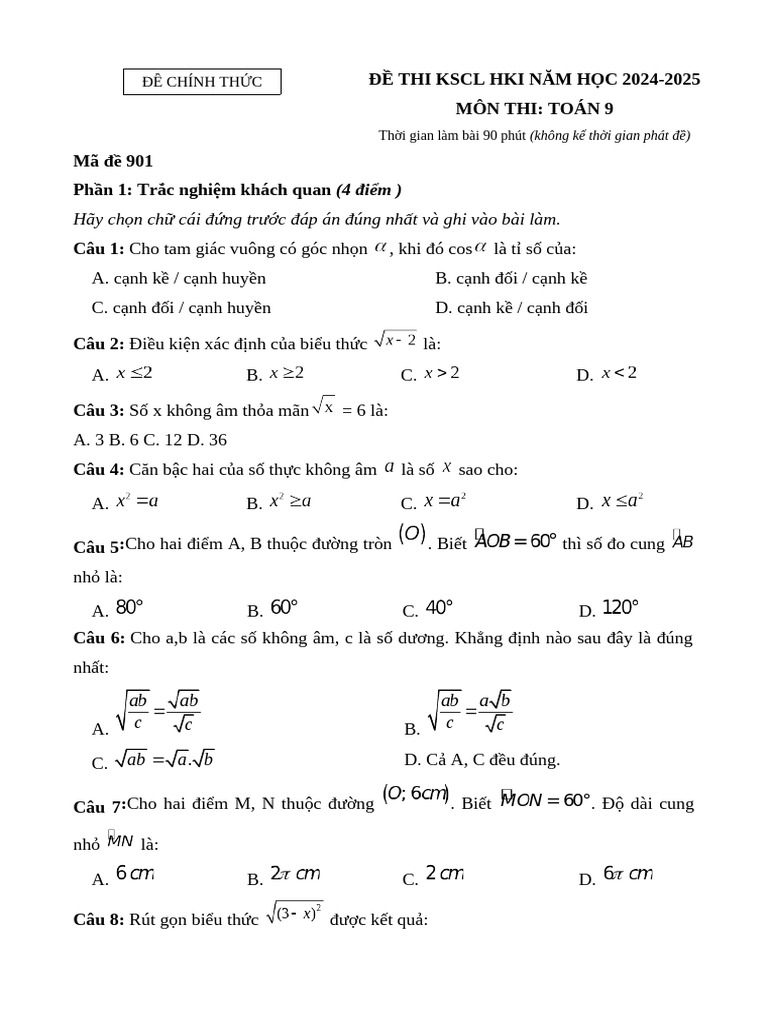 ĐỀ THI HKI TOÁN 9. | PDF