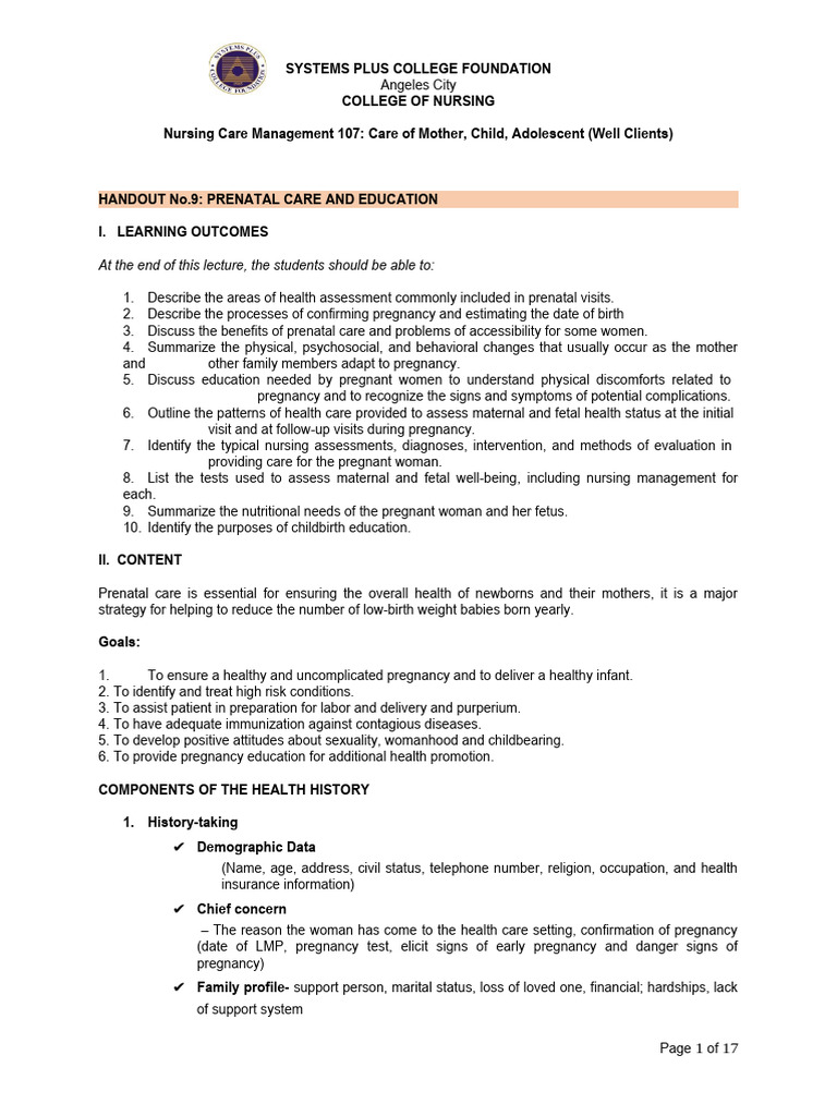 Handout 9 - The Prenatal Care | PDF | Pregnancy | Prenatal Development