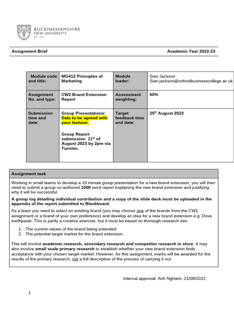 MG412 CW2 Brand Extension Report Assignment Brief 2022-23 (V2P) Student Version | PDF | Brand ...