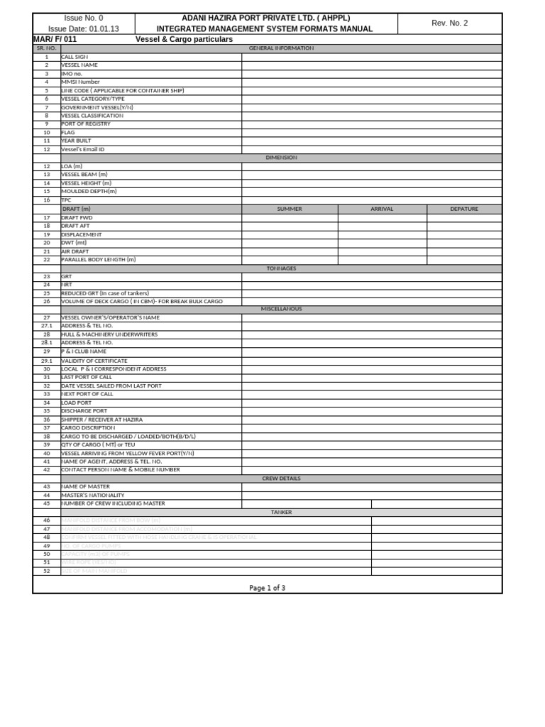 Vessel Cargo Particulars Form | PDF | Oil Tanker | Ships