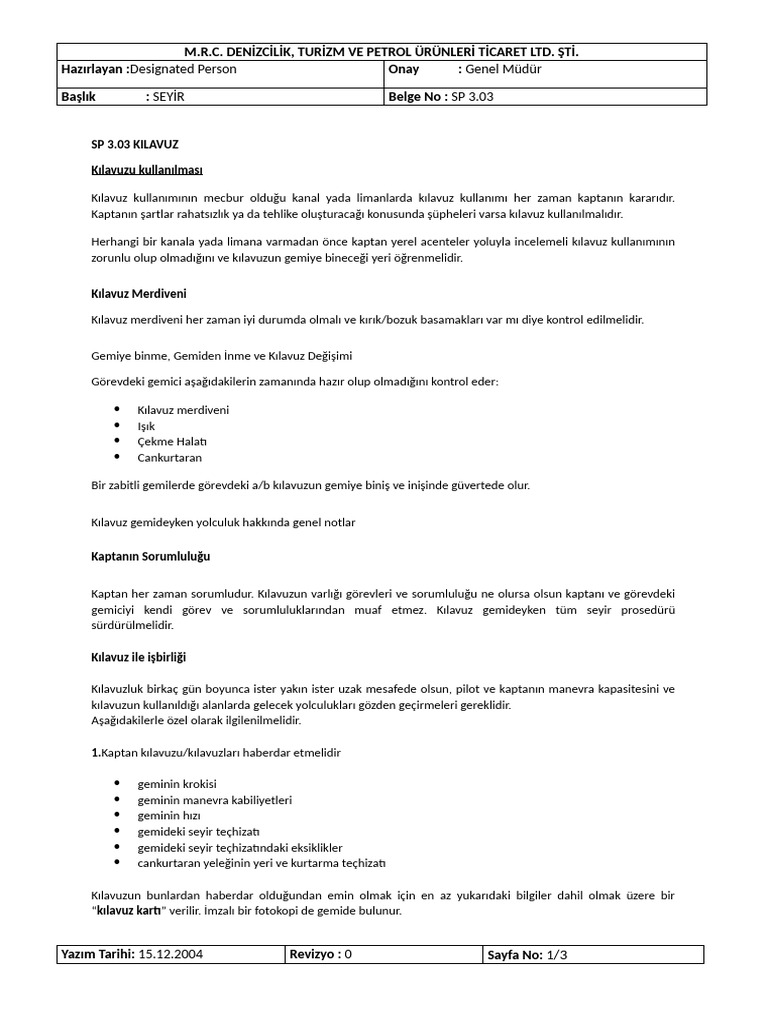 Designated Person Genel Müdür Seyir SP 3.03: SP 3.03 Kilavuz Kılavuzu ...