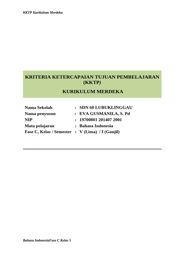 KKTP Bahasa Indonesia Kelas 5 SMT 1 (Modulguruku - Com) | PDF