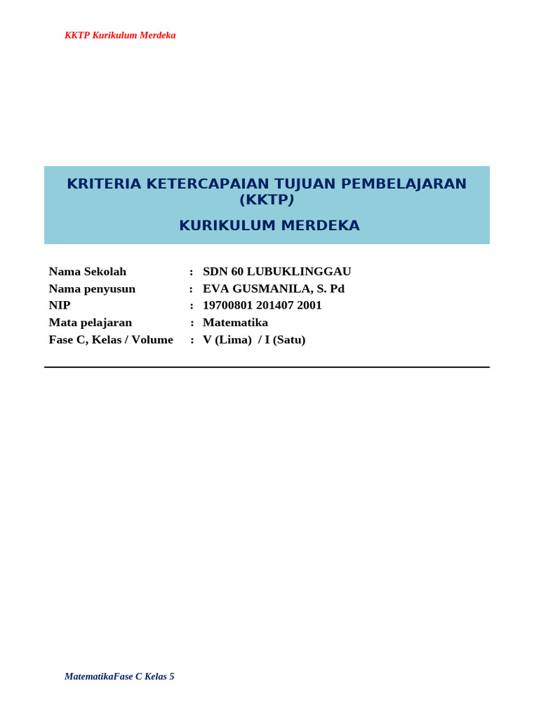 KKTP Matematika Kelas 5 SMT 1 (Modulguruku - Com) | PDF