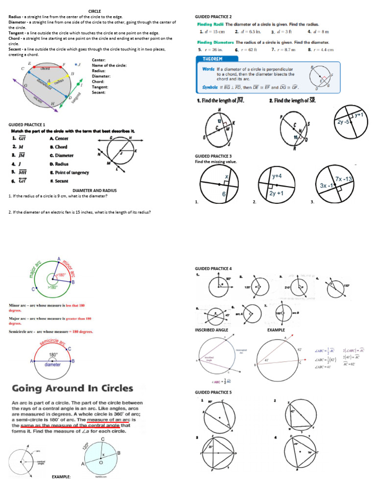 Parts of A Circle Central and Inscribed Angle | PDF