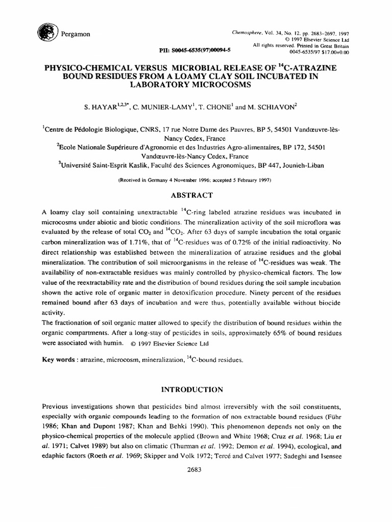 PHYSICO-CHEMICAL VERSUS MICROBIAL RELEASE OF 14C-ATRAZINE - s0045 ...