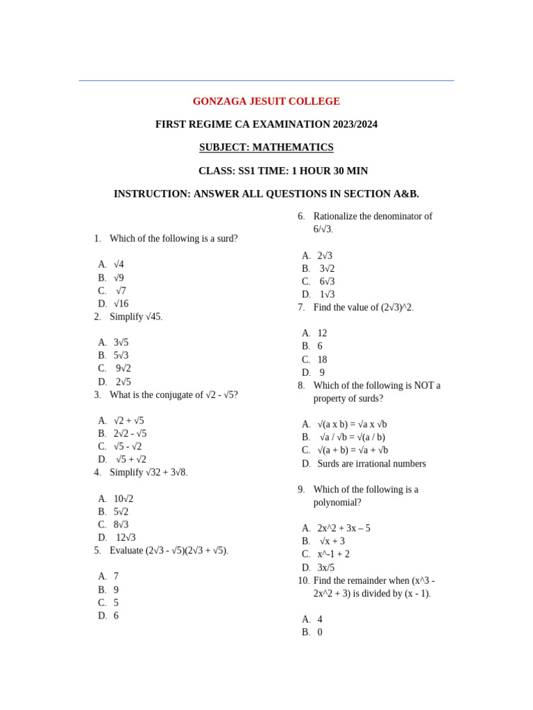 Math_Multiple_Choice_Questions_Weeks_1_to_3 | PDF | Factorization | Quadratic Equation