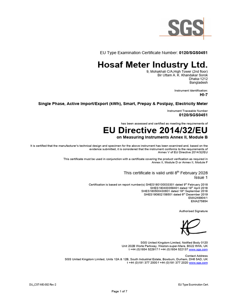 UK0120 SGS0451 Hosaf Meter Industry Ltd. HI 7 Issue 1 | PDF | Forgery ...